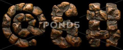 Set of rocky symbols at, ampersand, hash. Font of stone on black ...