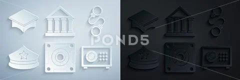 Set Safe, Handcuffs, Police cap with cockade, Courthouse building and ...