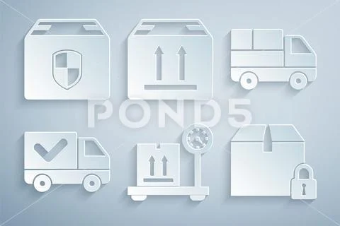 Set Scale with cardboard box, Delivery truck boxes, check mark, Locked package ~ Clip Art #165859691