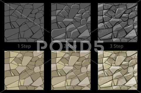 Set of seamless texture stone step by step drawing. ~ Clip Art #144169263
