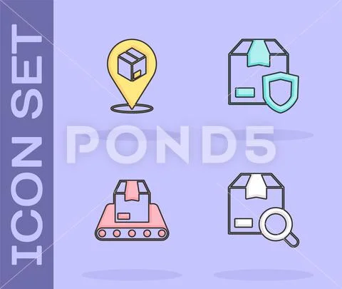 Set Search package, Location with cardboard box, Conveyor belt and Delivery Illustration #157350532