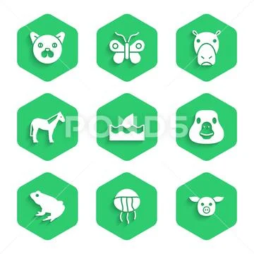 Set Shark fin in ocean wave, Jellyfish, Pig, Goose bird, Frog, Horse ...
