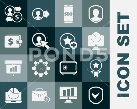 Set Shield with check mark, Medal star, Computer monitor graph chart, Mobile Illustration #160132900