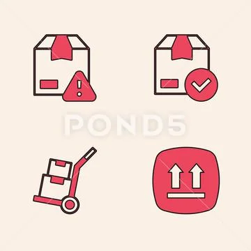 Set This side up, Delivery security with shield, ackage box check mark and Hand: Royalty Free ...