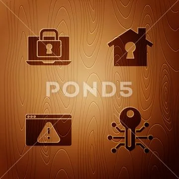 Set Smart key, Laptop and lock, Browser with exclamation mark and House ...