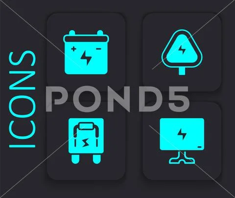 Set Smart Tv, Car battery, High voltage and Electrical panel icon ...