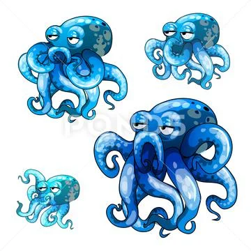 Set of stages of growth of animated octopus isolated on white ...