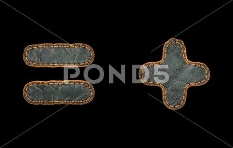 Set of symbols equals and plus made of leather. 3D render font with ...