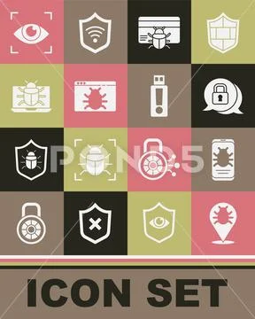 Set System bug, on mobile, Cyber security, in credit card, monitor, Eye ...