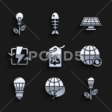 Set Tag with recycle symbol, Earth globe and leaf, Light bulb, Planet ...