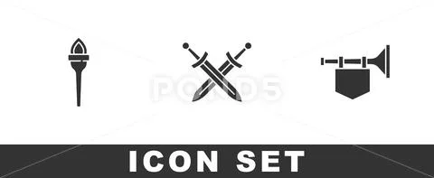 Set Torch flame, Crossed medieval sword and Trumpet with flag icon ...