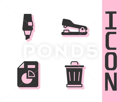 Set Trash can, Marker pen, Document with graph chart and Stapler icon. Vector: Royalty Free ...