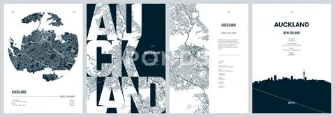 Set of travel posters with Auckland, detailed urban street plan city ...