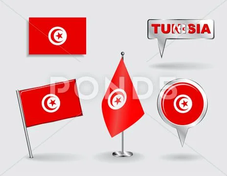 Set of Tunisian pin, icon and map pointer flags. Vector: Royalty Free ...