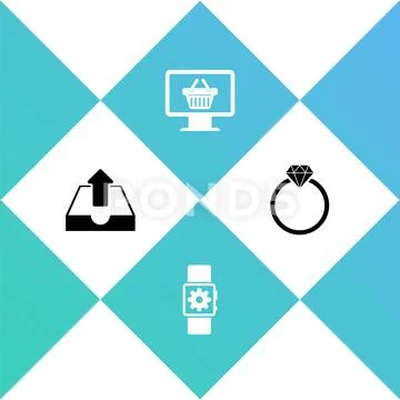 Set Upload inbox, Smartwatch setting, Monitor with shopping basket and Diamond: Royalty Free ...