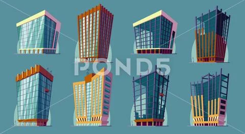 Set vector cartoon illustration of an urban large modern buildings ...
