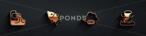 Set Wastewater, Dead fish, CO2 emissions in cloud and Tornado icon with ...