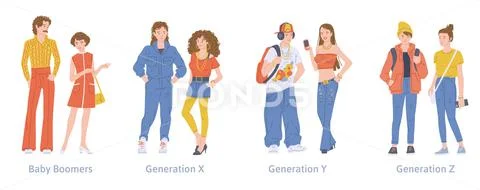 A set of young characters different generations x, y, z and baby ...
