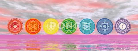 Seven chakra symbols on the horizon line - 3D render ~ Clip Art #131271515