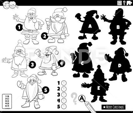 Shadows activity with cartoon Santa Clauses coloring page: Royalty Free ...