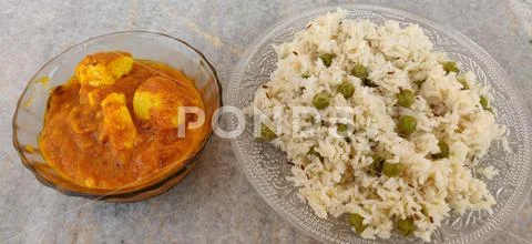 Shahi paneer with veg pulao or rice with top view. Stock Image #159637346