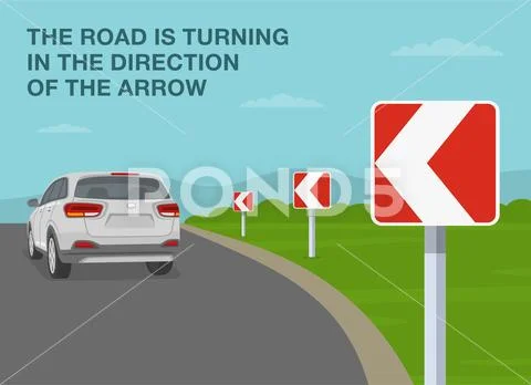 Sharp curve or turn sign. Back view of a white suv car on the road ...