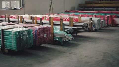 Shelf with profile blanks for the produc... | Stock Video | Pond5