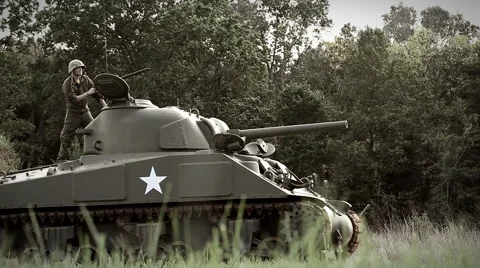 Sherman tank with Machine Gunner rolling... | Stock Video | Pond5