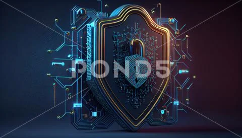 Shield with a lock icon is displayed on a circuit board and network wirefra.. ~ Clip Art #234396051