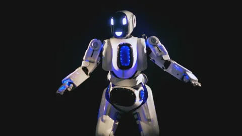 Shiny robot happily dances, using its ar... | Stock Video | Pond5