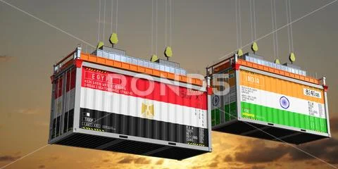 Shipping containers with flags of Egypt and India - 3D illustration ...