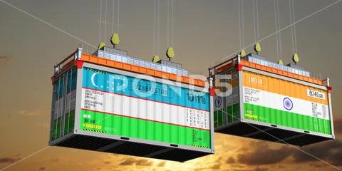 Shipping containers with flags of Uzbekistan and India - 3D ...