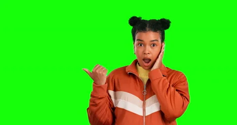 Shock face, woman and pointing at green ... | Stock Video | Pond5