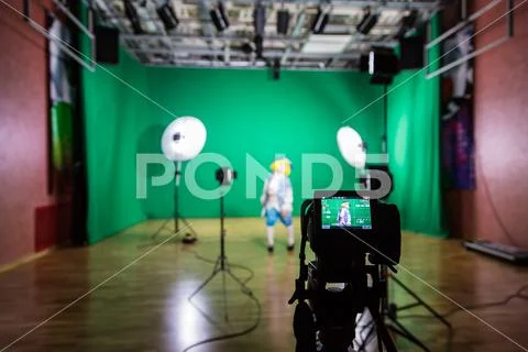 Shooting the movie on a green screen. The chroma key. Studio ...