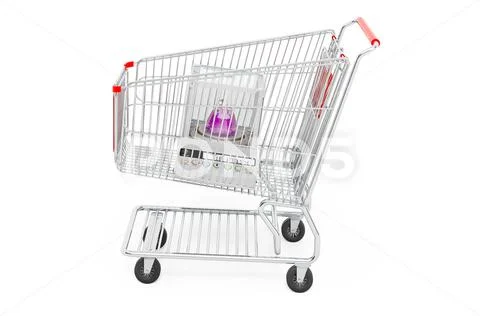 Shopping cart with analytical balance, digital lab scale. 3D rendering ...