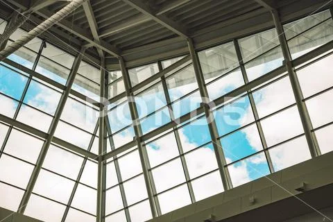 Shopping mall inside view through big window industry steel ...