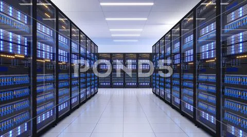 Shot of Data Center With Multiple Rows of Fully Operational Server ...