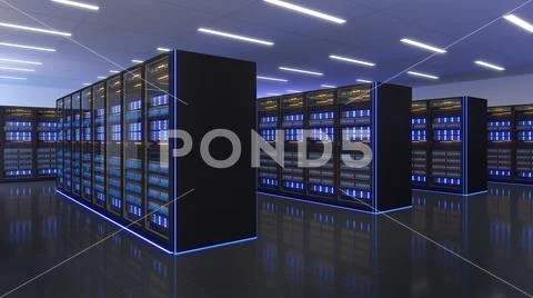 Shot of Data Center With Multiple Rows of Fully Operational Server ...