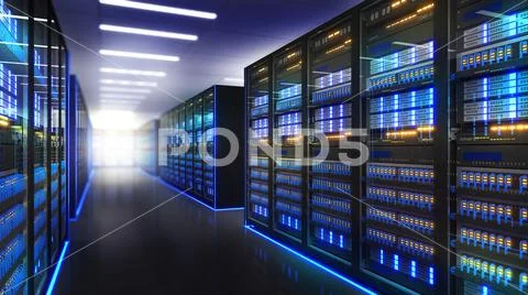 Shot of Data Center With Multiple Rows of Fully Operational Server ...