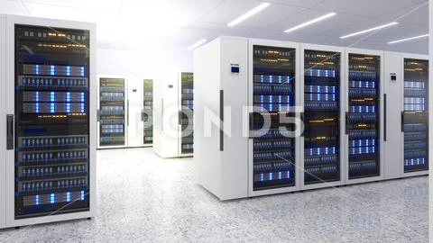 Shot of Data Center With Multiple Rows of Fully Operational Server ...