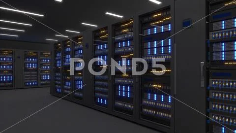 Shot of Data Center With Multiple Rows of Fully Operational Server ...