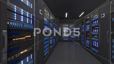 Shot of Data Center With Multiple Rows of Fully Operational Server ...