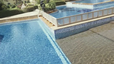 Shot of swimming pools in a hotel in Goa... | Stock Video | Pond5