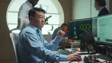 Side view of Asian engineer programming ... | Stock Video | Pond5