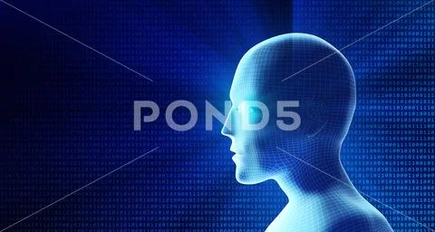 Side view of human head and binary code. Model isolated on blue ...