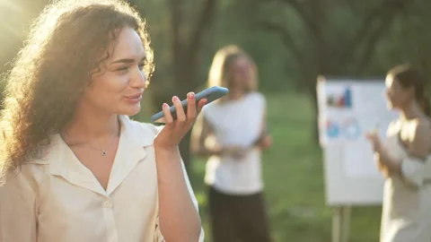 Side view young woman talking at speaker... | Stock Video | Pond5