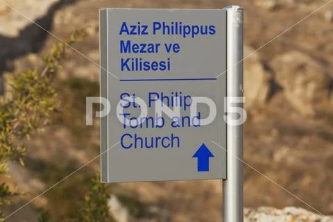 Sign with arrow pointing to St Philip tomb and church; Pamukkale ...