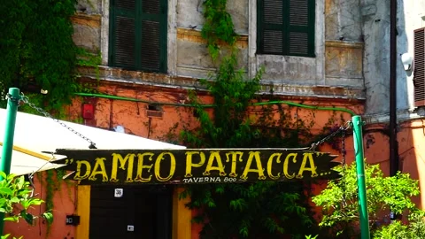 sign of the DA MEO PATACCA restaurant. T... | Stock Video | Pond5