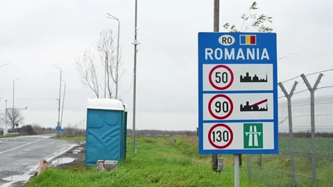 Sign at the entrance to Romania. The bor... | Stock Video | Pond5