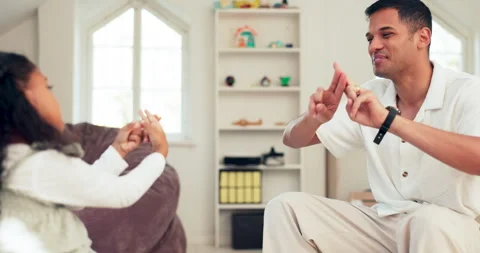 Sign language, learning and father with ... | Stock Video | Pond5